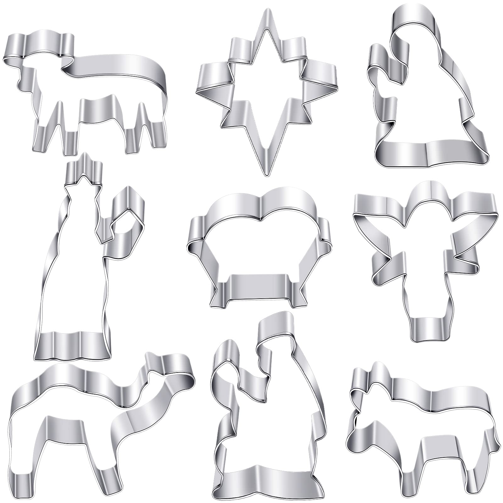 Funtery 9 Pcs Christmas Nativity Cookie Cutters Set Nativity Scene Stainless Steel Cookie Cutter Baby Jesus in Crib Star of Bethlehem Sheep Donkey Cookie Cutter for Christmas Baking