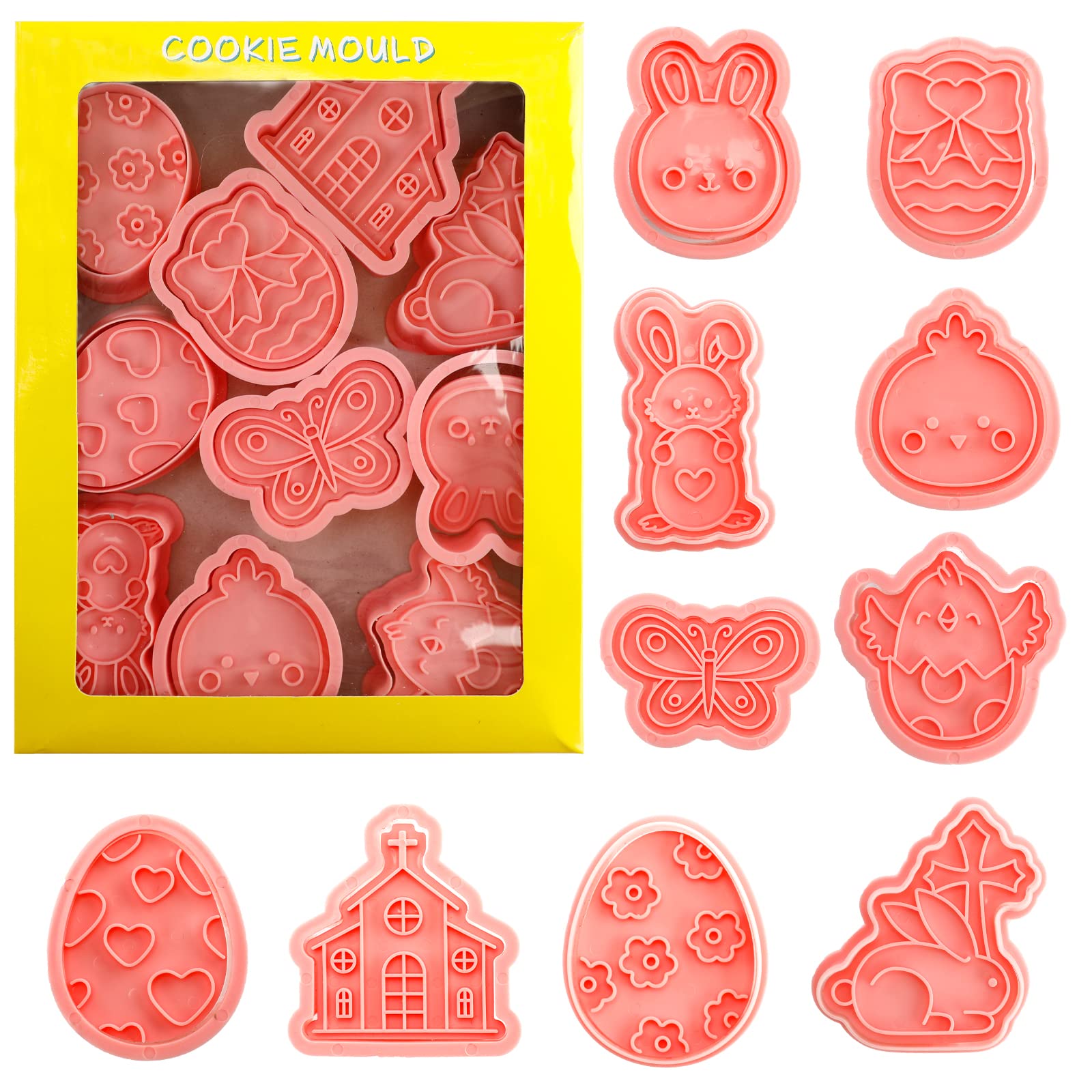 Easter Cookie Cutters Set 10 Pcs Cookie Cutter with Plunger Stamps 3D Easter Embossing Cutters for Biscuit Fondant Cheese Baking Molds for Rabbit, Egg, Butterfly, Church, Chick