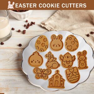 Easter Cookie Cutters Set 10 Pcs Cookie Cutter with Plunger Stamps 3D Easter Embossing Cutters for Biscuit Fondant Cheese Baking Molds for Rabbit, Egg, Butterfly, Church, Chick