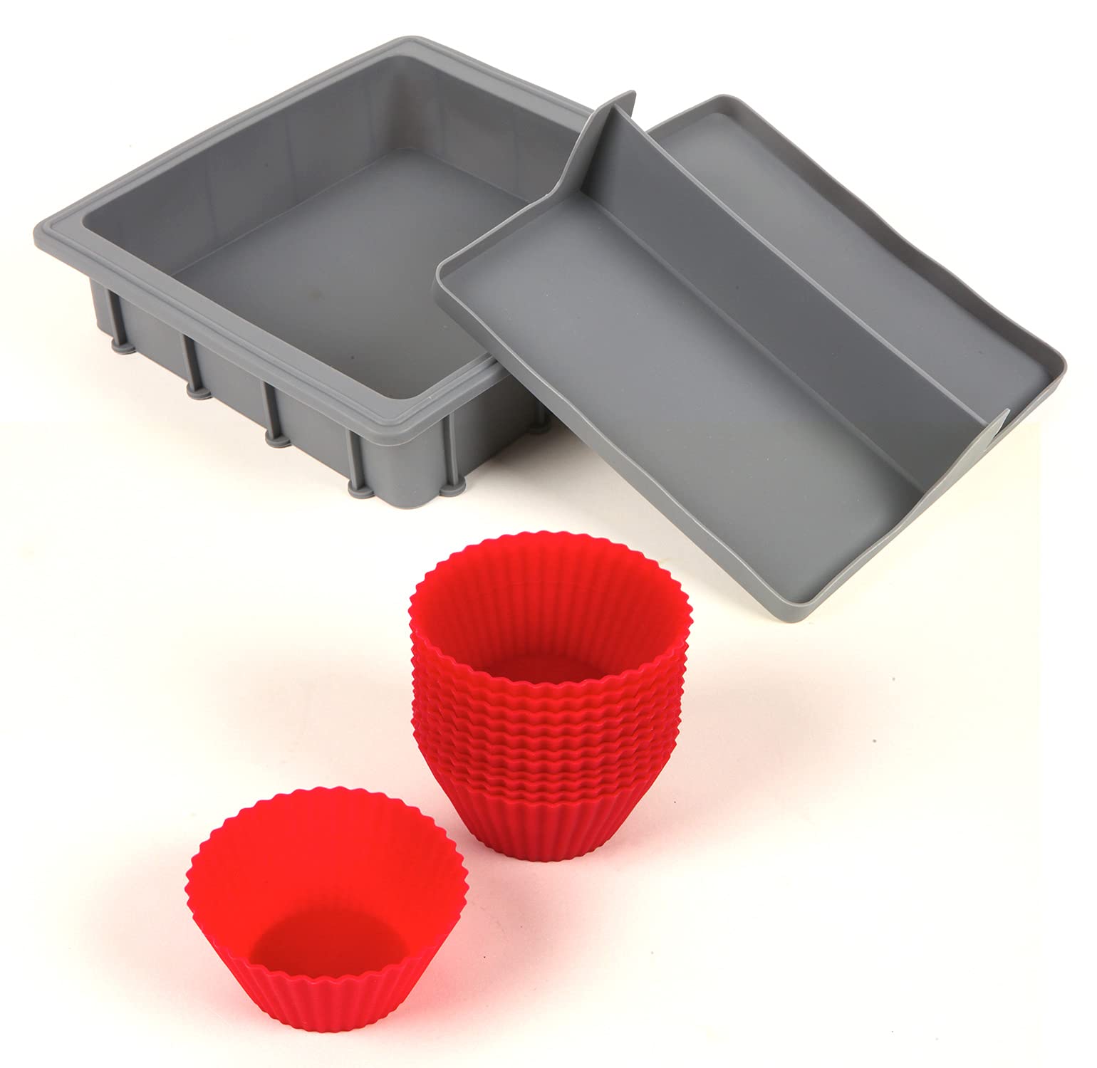 NuWave Silicone Baking Kit with 8x8-inch Baking Pan, Removable Divider Insert & Reusable Cupcake Liners,Gray/Red