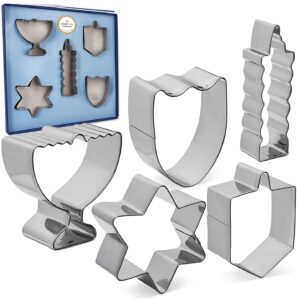 stainless steel hanukkah cookie cutters, 5 hanukkah menorah, dreidel, chanuka candle, star, maccabee shield shaped cookie cutters