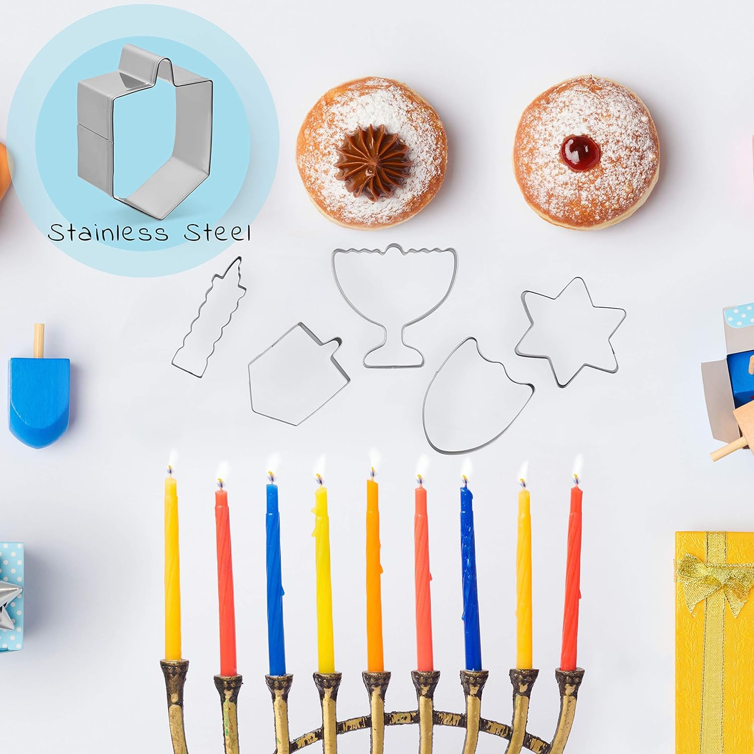 Stainless Steel Hanukkah Cookie Cutters, 5 Hanukkah Menorah, Dreidel, Chanuka Candle, Star, Maccabee Shield Shaped Cookie Cutters