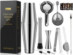 cocktail shaker - koviti 12 piece bartender kit - stainless steel cocktail shaker set, premium bar tools : martini shaker, muddler, jigger, mixing spoon, strainers, ice tong, liquor pourers