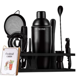 soing 11-piece mixology bartender kit with stand,bar kit cocktail shaker set with all essential accessories:martini shaker,spoon,muddler,strainer,jigger,tongs,liquor pourers