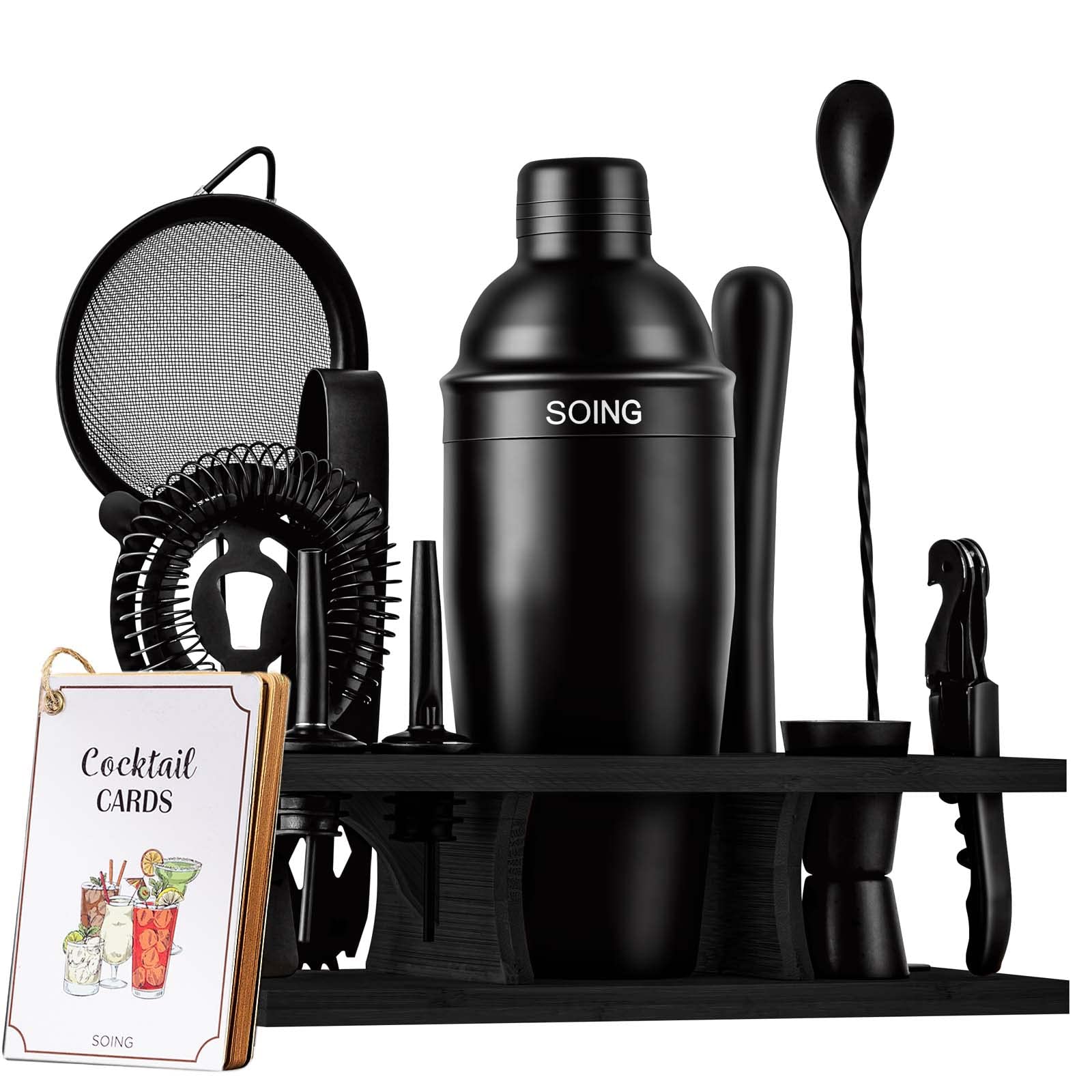 SOING 11-Piece Mixology Bartender Kit with Stand,Bar Kit Cocktail Shaker Set with All Essential Accessories:Martini Shaker,Spoon,Muddler,Strainer,Jigger,Tongs,Liquor Pourers