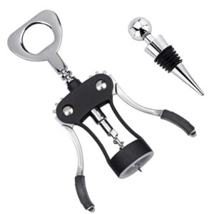 foho wine opener, multifunctional wing corkscrew wine bottle opener for all cork stoppered and beer cap bottles, luxury waiter corkscrew with stopper set for wine enthusiast, waiters - black