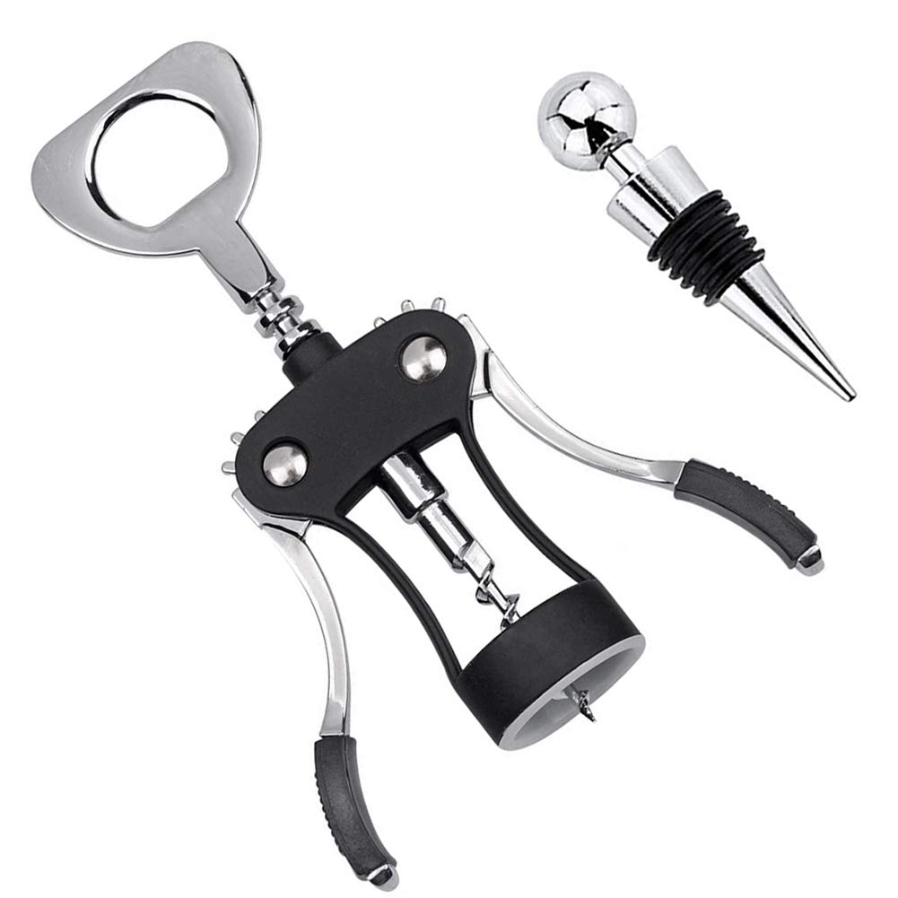 Foho Wine Opener, Multifunctional Wing Corkscrew Wine Bottle Opener for all Cork Stoppered and Beer Cap Bottles, Luxury Waiter Corkscrew with Stopper Set for Wine Enthusiast, Waiters - Black