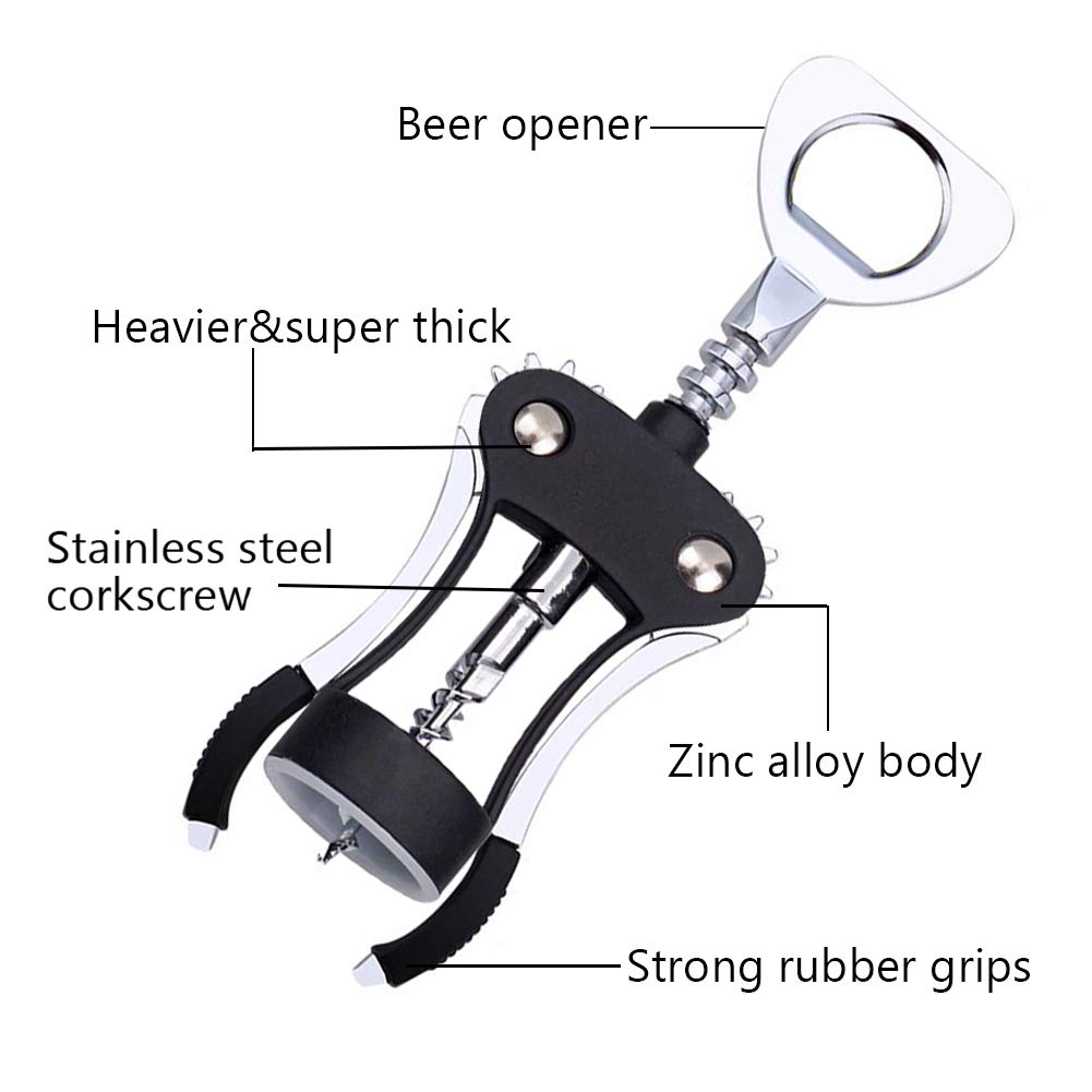 Foho Wine Opener, Multifunctional Wing Corkscrew Wine Bottle Opener for all Cork Stoppered and Beer Cap Bottles, Luxury Waiter Corkscrew with Stopper Set for Wine Enthusiast, Waiters - Black