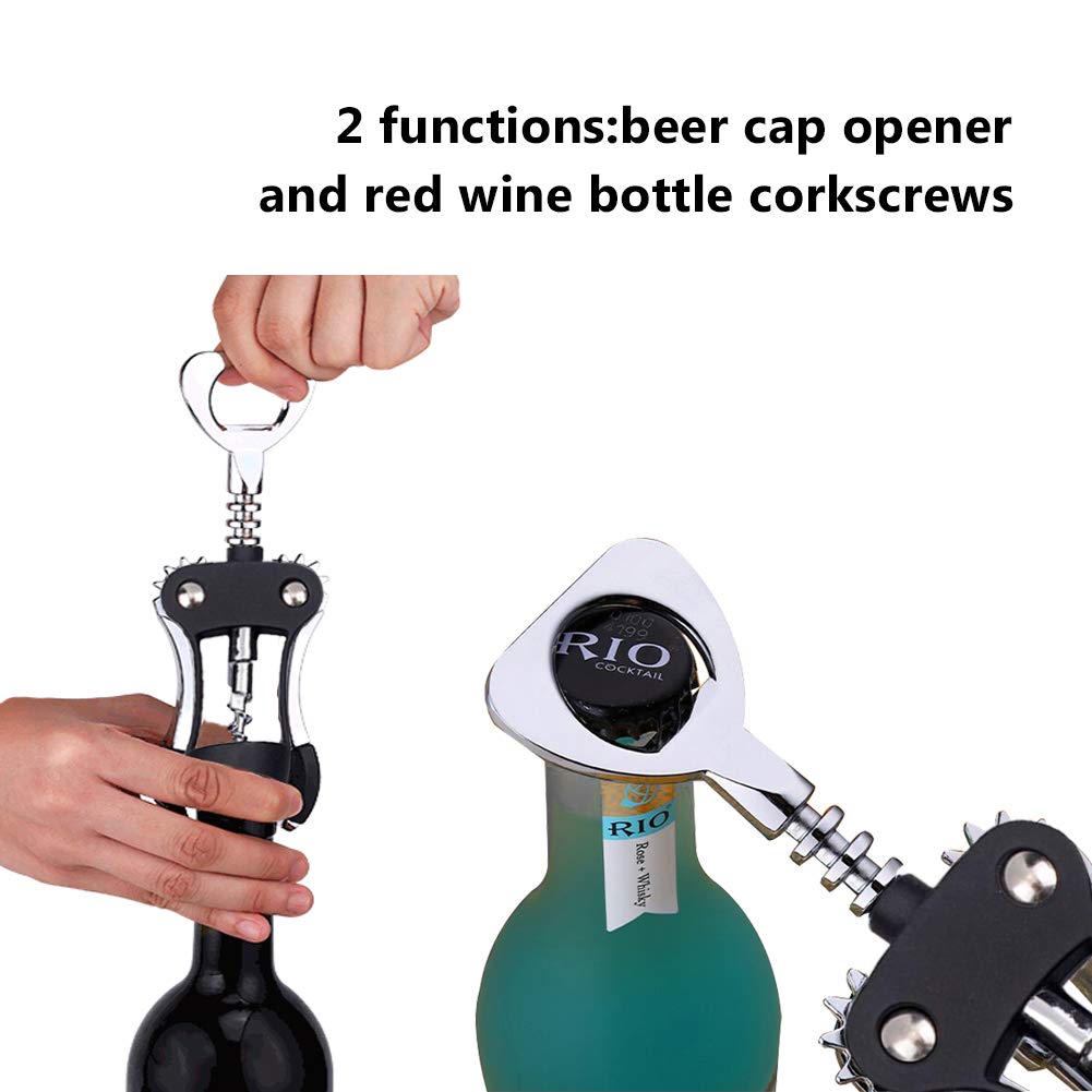 Foho Wine Opener, Multifunctional Wing Corkscrew Wine Bottle Opener for all Cork Stoppered and Beer Cap Bottles, Luxury Waiter Corkscrew with Stopper Set for Wine Enthusiast, Waiters - Black