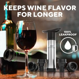 Premium Wine Pump Preserver Saver Kit - Includes Vacuum Pump & 4 Reusable Leak-Free Joystick Air Bottle Stoppers - Keeps your Wine Perfectly Fresh