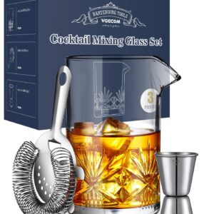 Cocktail Mixing Glass, veecom 18oz Crystal Mixing Glass Bartender Kit, 3 Piece Old Fashioned Cocktail Set with Strainer, Jigger, Bar Tools Cocktail Shaker Set, Cocktail Mixer Stirring Glass