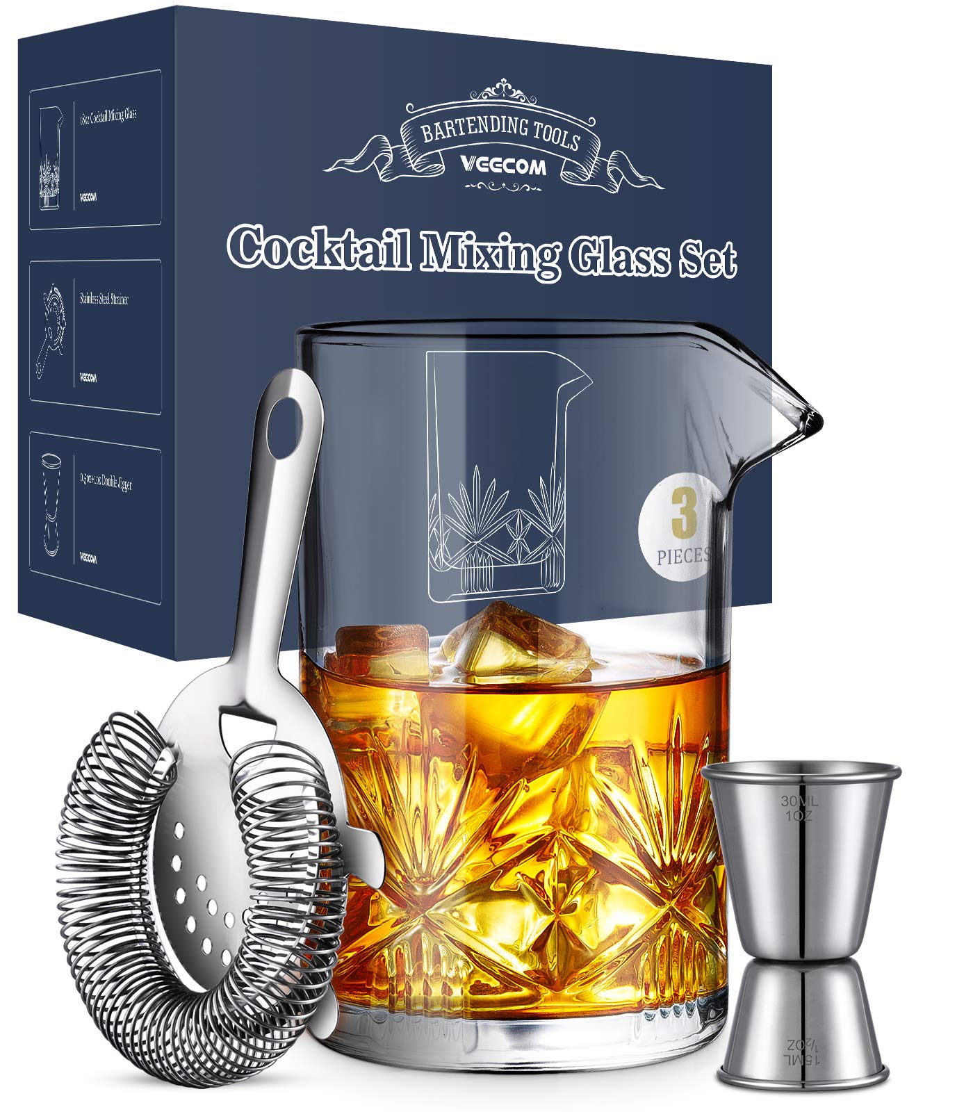 Cocktail Mixing Glass, veecom 18oz Crystal Mixing Glass Bartender Kit, 3 Piece Old Fashioned Cocktail Set with Strainer, Jigger, Bar Tools Cocktail Shaker Set, Cocktail Mixer Stirring Glass