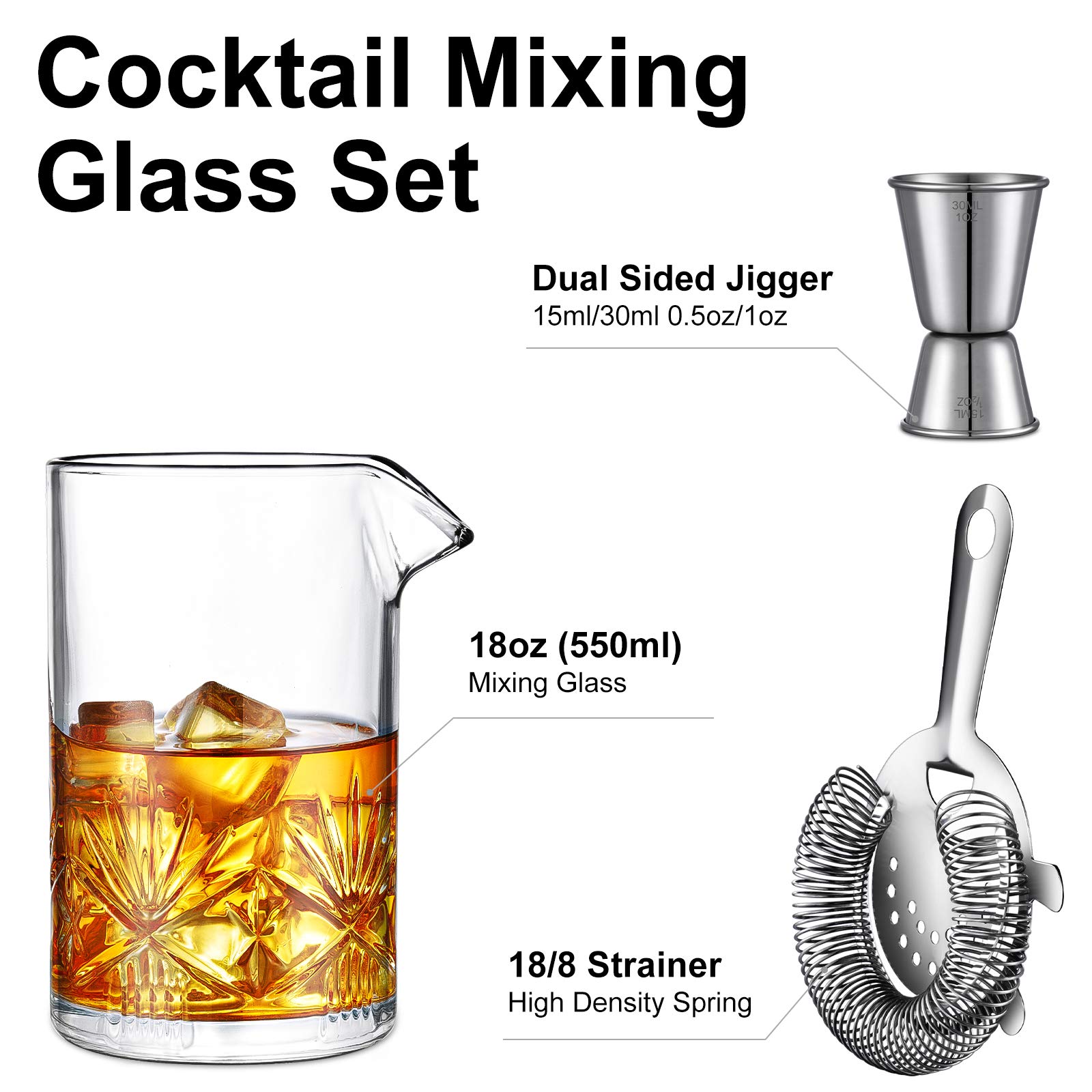 Cocktail Mixing Glass, veecom 18oz Crystal Mixing Glass Bartender Kit, 3 Piece Old Fashioned Cocktail Set with Strainer, Jigger, Bar Tools Cocktail Shaker Set, Cocktail Mixer Stirring Glass