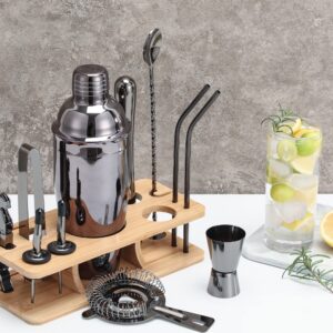 15 Piece Bar Set Cocktail Shaker Set,Bartender kit with Stand,Black Bar Kit for Drink Mixing