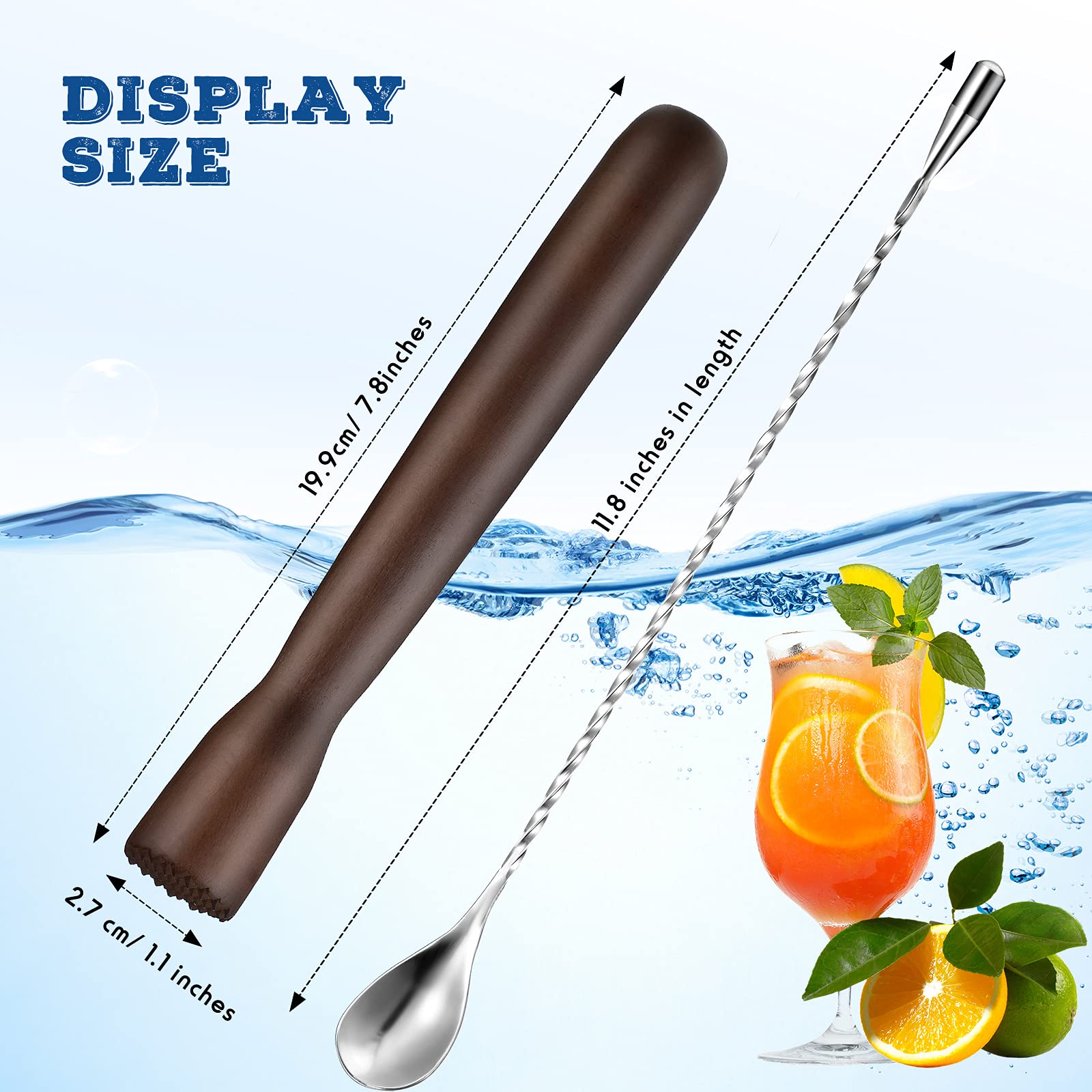 Wooden Cocktail Muddler Drinks Muddler Bar Muddler and 12 Inches Spiral Mixing Spoon Stainless Steel Shaker Spiral Spoon for Making Cocktails Drinks Juice (Brown)