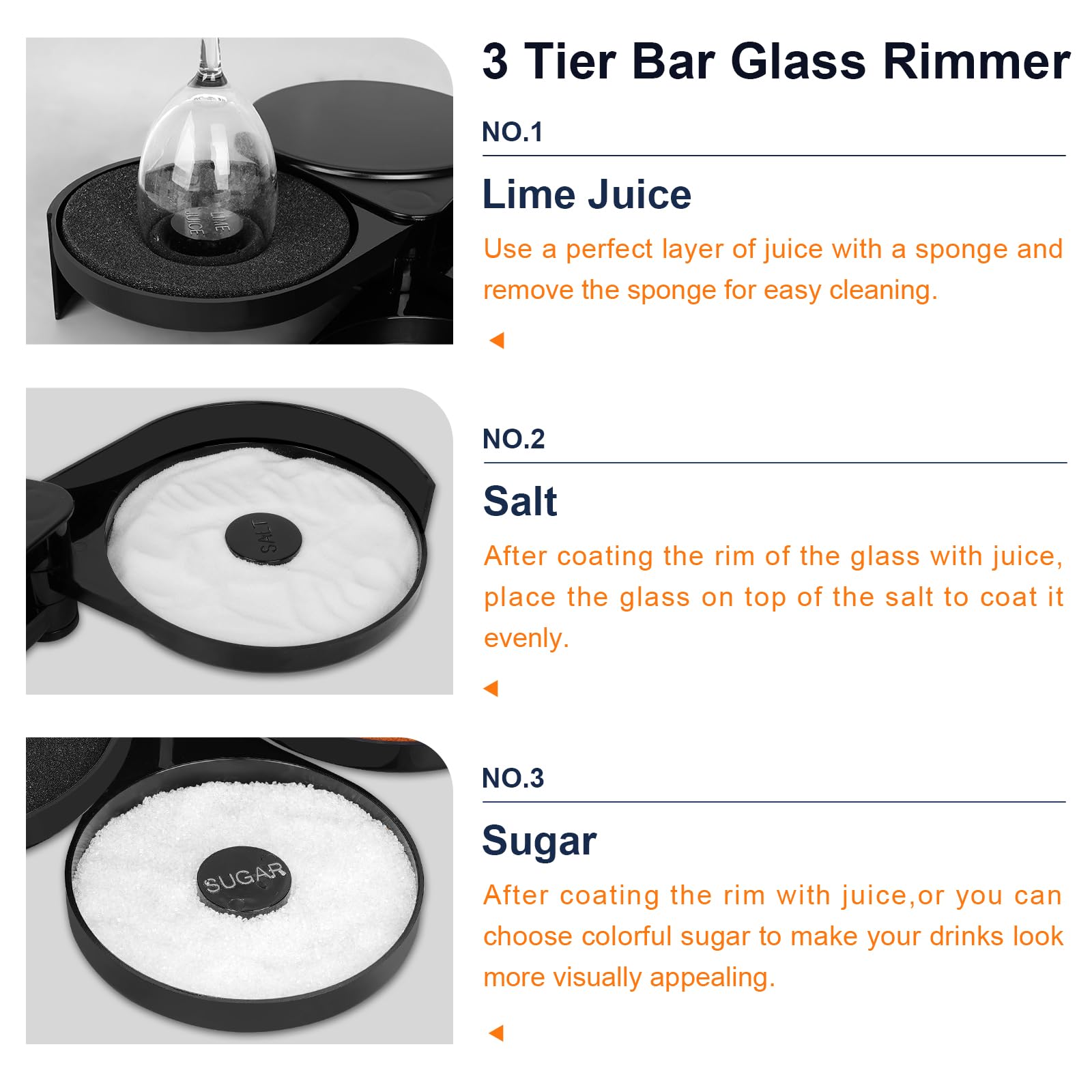 3-Tier Bar Glass Rimmers for Cocktail, Sugar Salt Rimmer