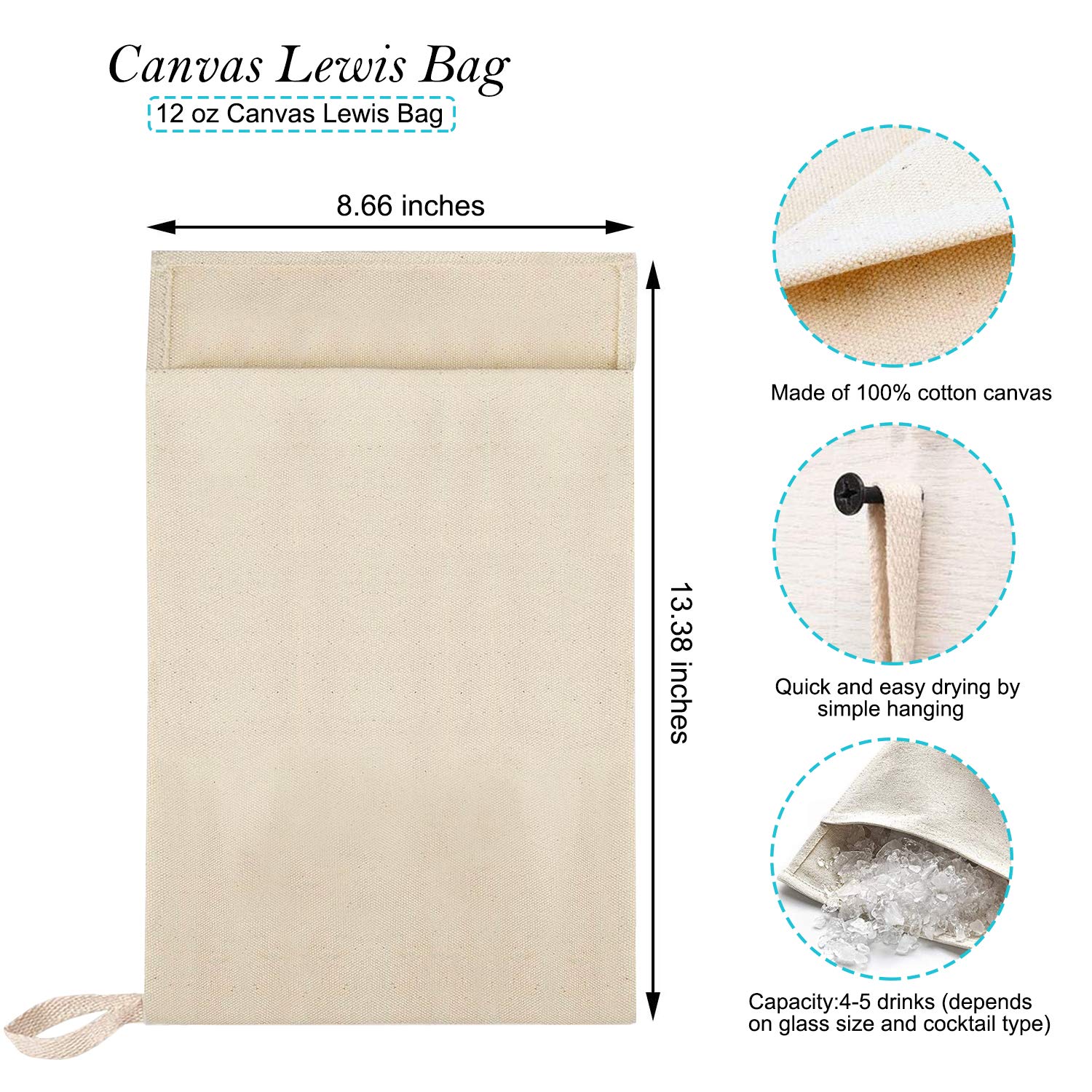 Lewis Bag Canvas Ice Bag Crushed Ice Bag Reusable Canvas Bag for Crushed Ice Dried Ice (2pcs)