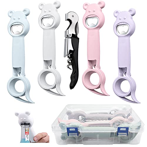 5 Pcs Bottle Opener come with Storage Box, 4 in 1 Multi Function Can Opener Bottle for Wine, Beer, Jars, Use Bottle Opener Tool can Protect the Nail for Arthritic Sufferers, Seniors, Children, Elderly