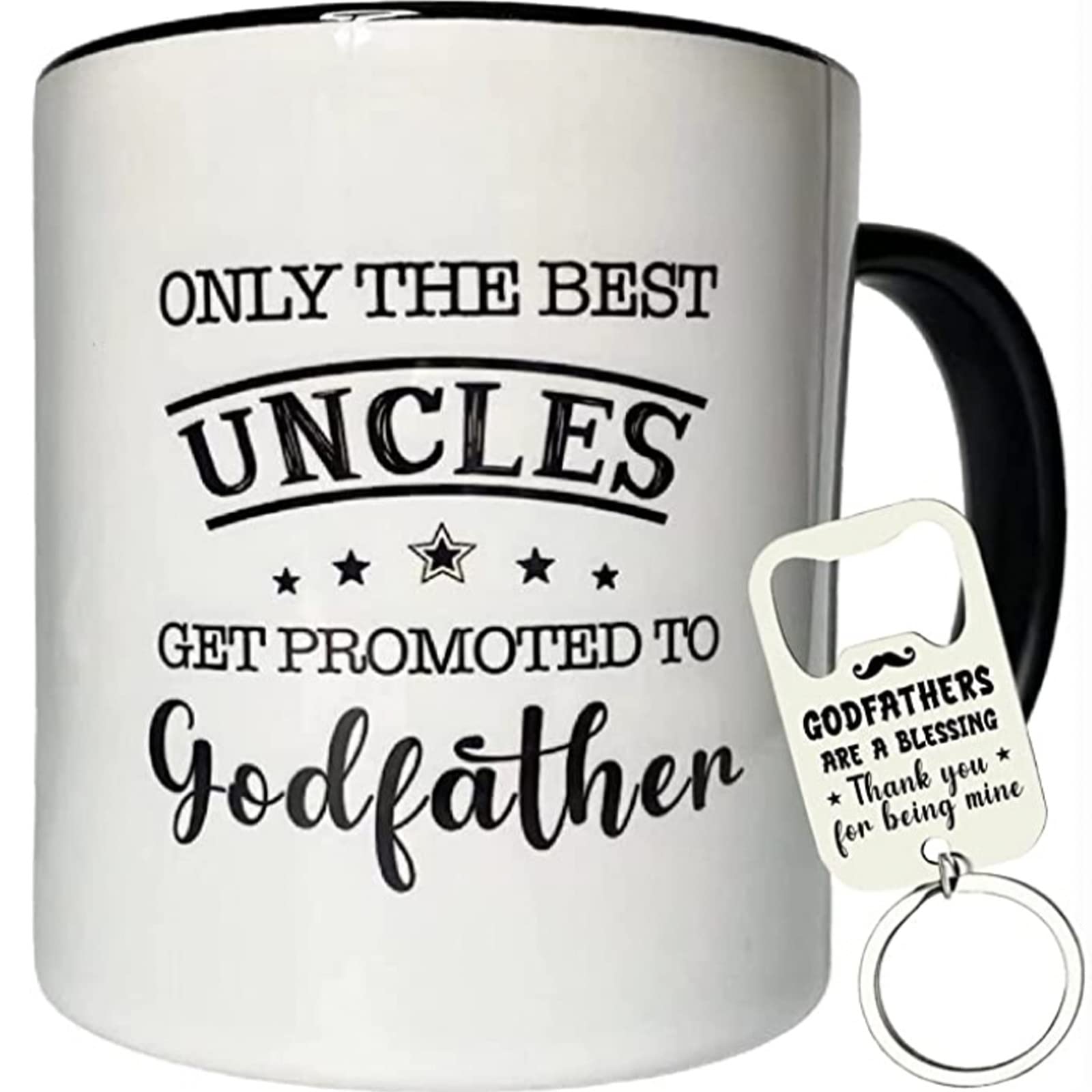 MALLAbyLAMMA Godfather Mug 11 Ounce Ceramic, Godfather Bottle Opener Keychain, Uncle Get Promoted to Godfather Gifts from Godchild, Gift for Godfather Birthday Proposal Announcement Christmas