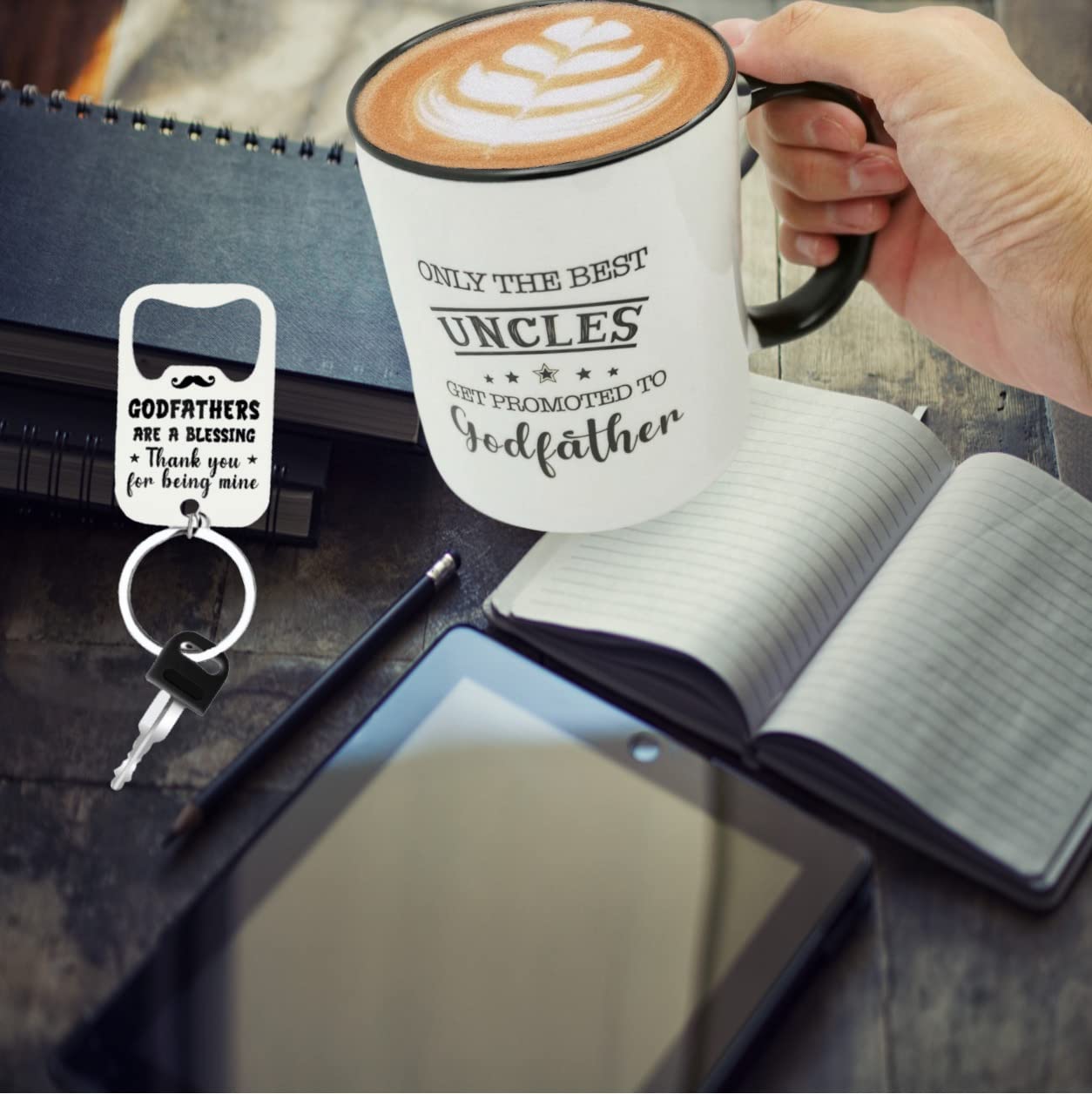 MALLAbyLAMMA Godfather Mug 11 Ounce Ceramic, Godfather Bottle Opener Keychain, Uncle Get Promoted to Godfather Gifts from Godchild, Gift for Godfather Birthday Proposal Announcement Christmas