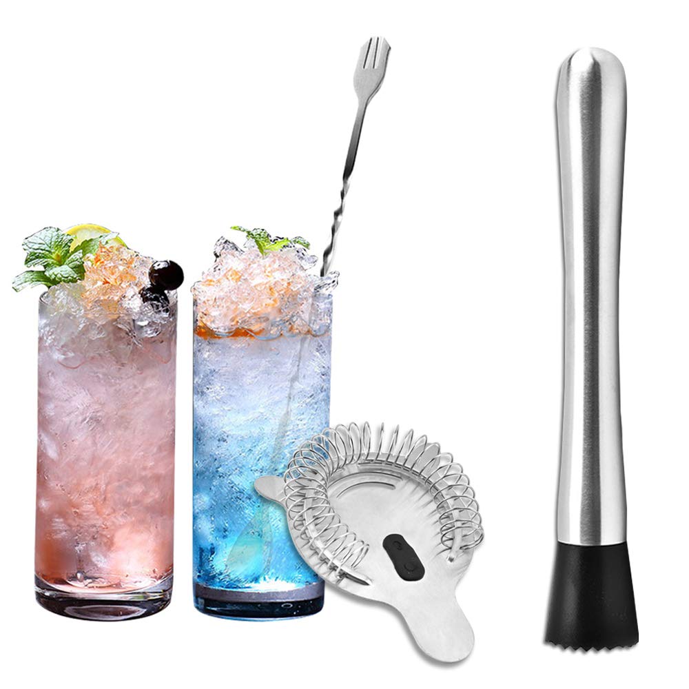 SENHAI Stainless Steel Cocktail Muddler, Spiral Mixing Spoon & 4-Prong Bar Strainer, Home Bar Bartender's Muddling Tool Set