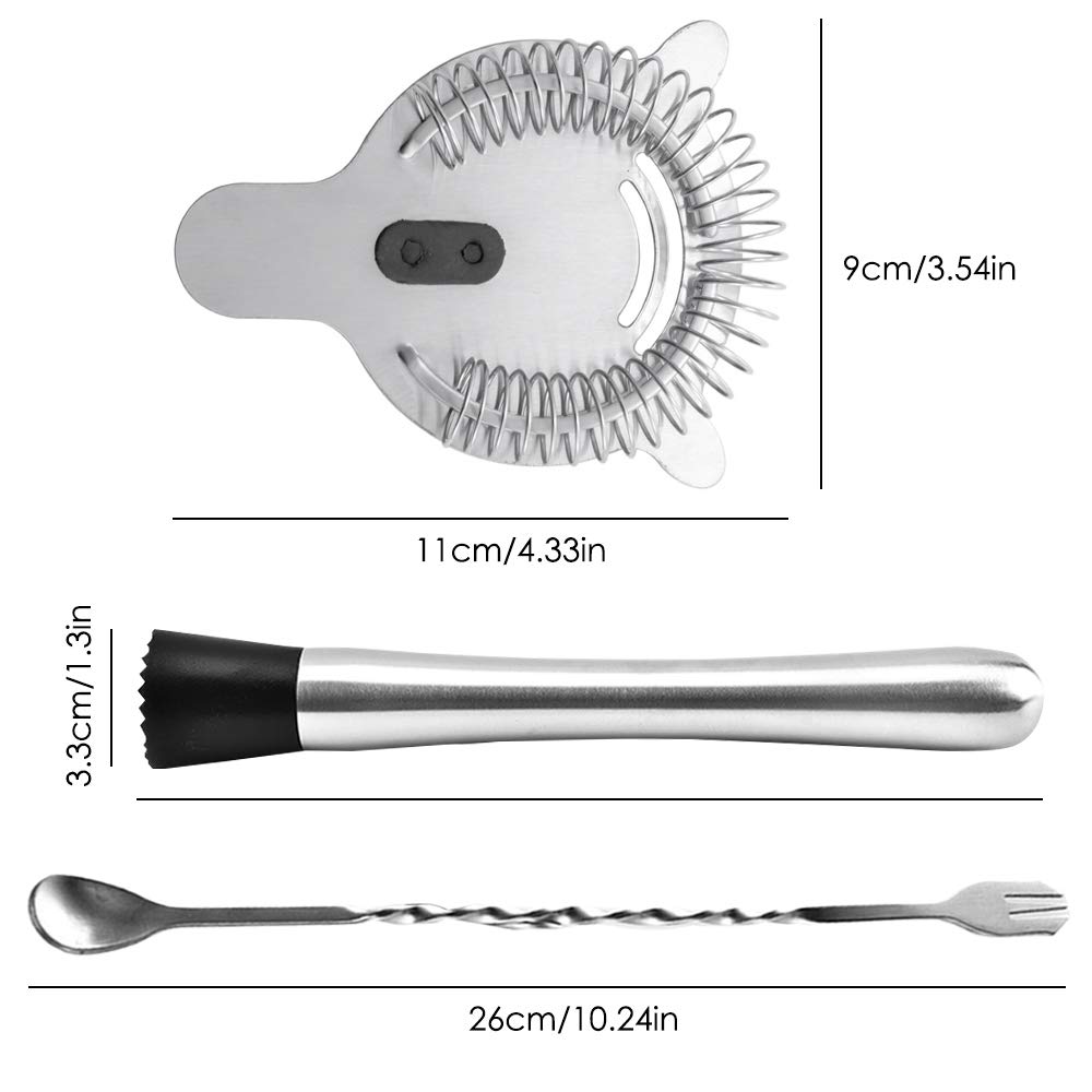 SENHAI Stainless Steel Cocktail Muddler, Spiral Mixing Spoon & 4-Prong Bar Strainer, Home Bar Bartender's Muddling Tool Set