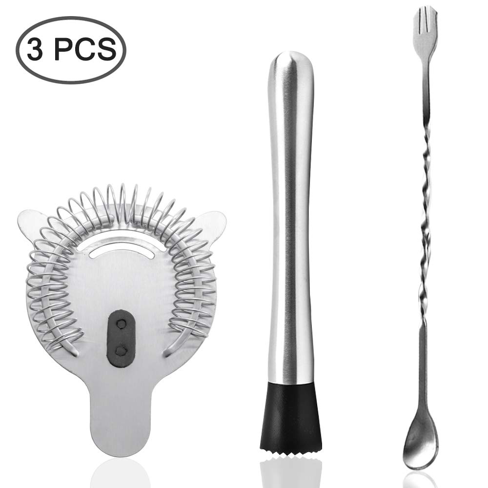 SENHAI Stainless Steel Cocktail Muddler, Spiral Mixing Spoon & 4-Prong Bar Strainer, Home Bar Bartender's Muddling Tool Set