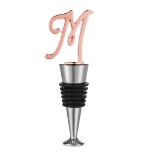 drporonyn monogram wine and beverage bottle stopper, initial letter wine stoppers decorative, creative wine gift for kitchen bar wedding rose gold finish,reusable, letter m