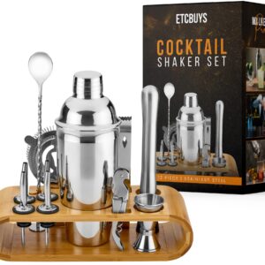 Mixology Bartender Kit - Home Bar Accessories Set with Jigger and Shakers for Bartending, 25oz Martini Shaker, Strainer, Spoon, Pourers, Muddler, Corkscrew, Bamboo Stand - Bar Supplies 12 Piece