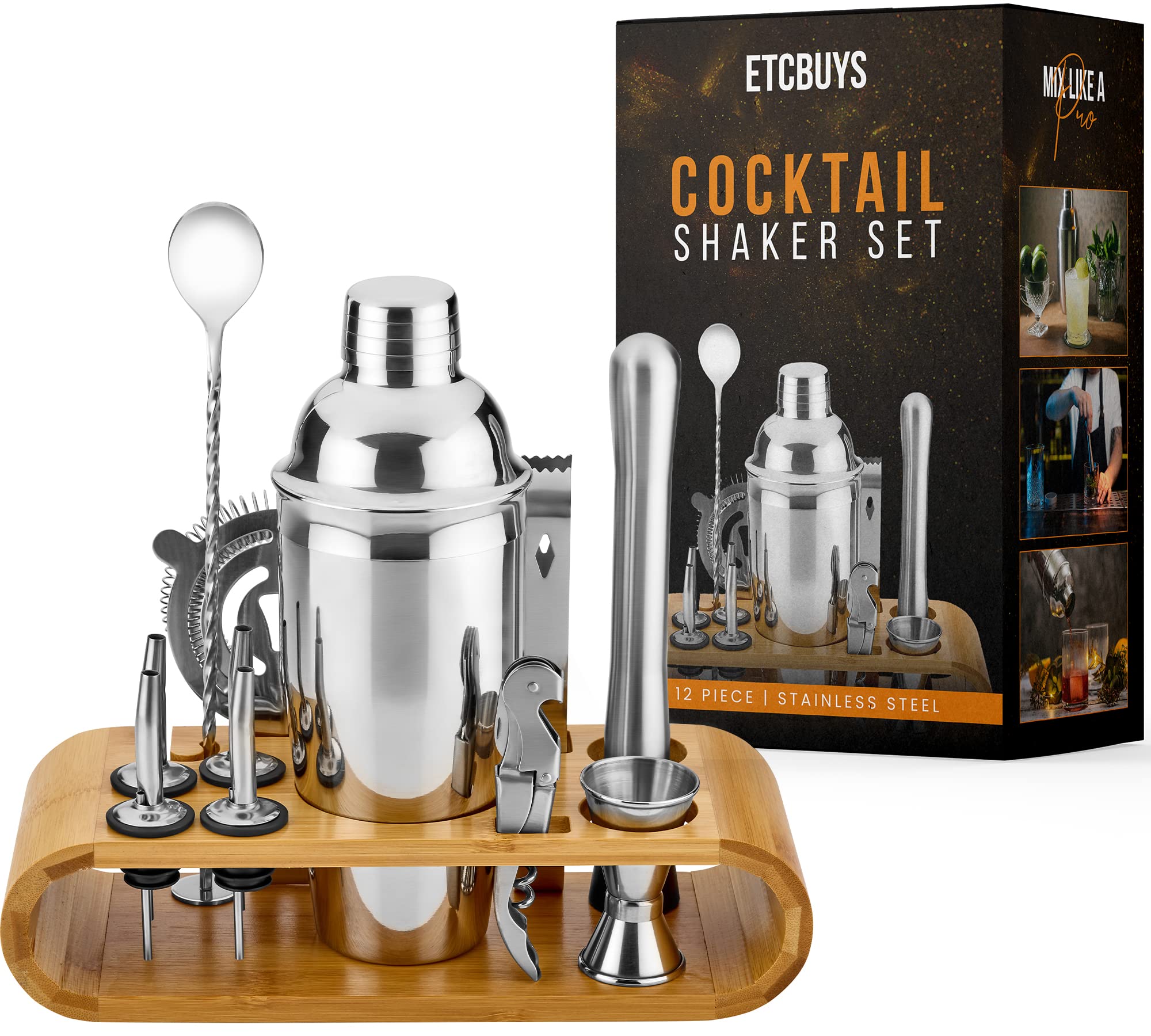 Mixology Bartender Kit - Home Bar Accessories Set with Jigger and Shakers for Bartending, 25oz Martini Shaker, Strainer, Spoon, Pourers, Muddler, Corkscrew, Bamboo Stand - Bar Supplies 12 Piece