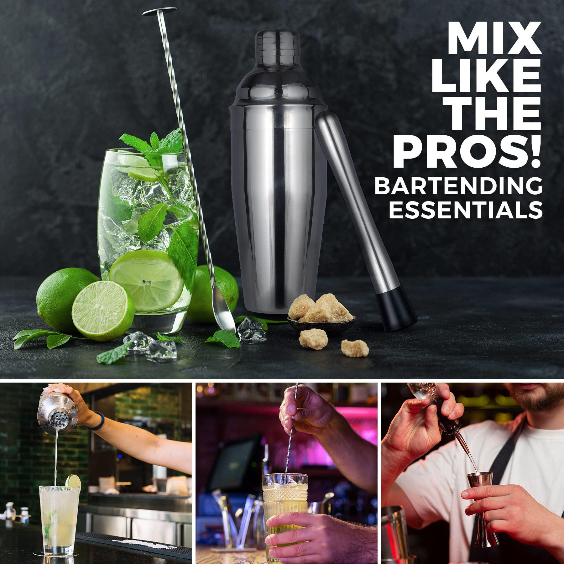 Mixology Bartender Kit - Home Bar Accessories Set with Jigger and Shakers for Bartending, 25oz Martini Shaker, Strainer, Spoon, Pourers, Muddler, Corkscrew, Bamboo Stand - Bar Supplies 12 Piece