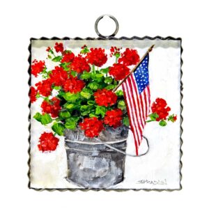 the round top collection – mini bucket of geraniums print, 6” x 1” x 6”, metal & wood, patriotic and elegant decorative hanging ornament