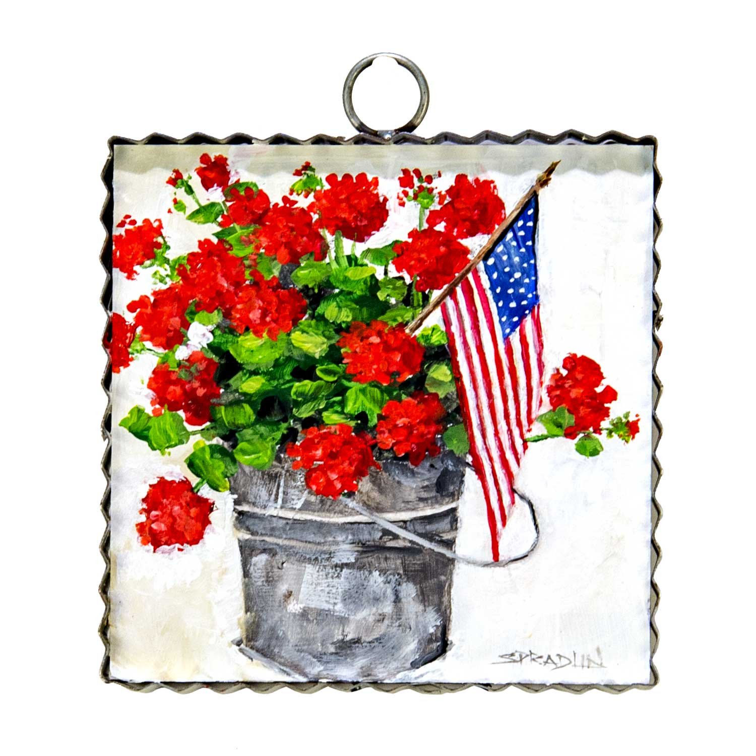 The Round Top Collection – Mini Bucket of Geraniums Print, 6” x 1” x 6”, Metal & Wood, Patriotic and Elegant Decorative Hanging Ornament