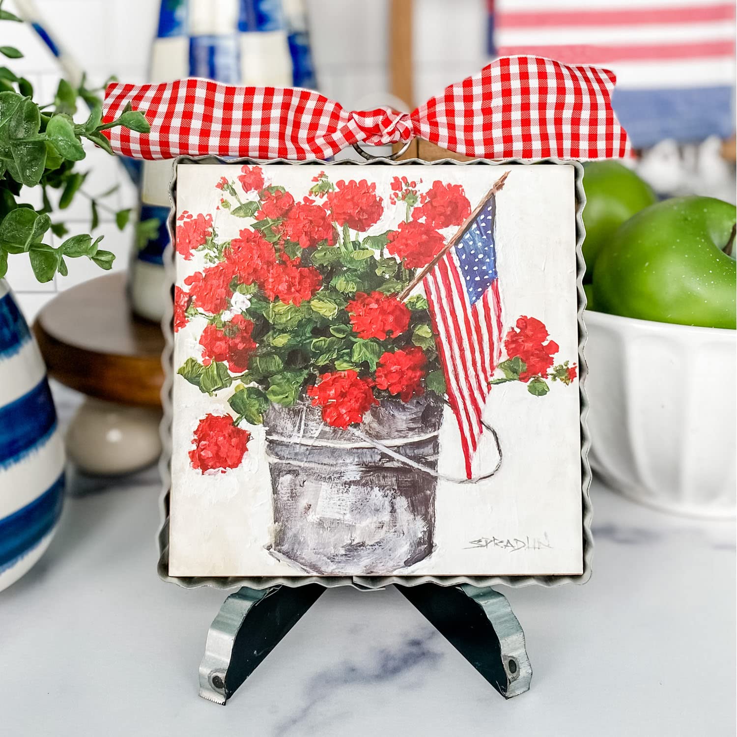 The Round Top Collection – Mini Bucket of Geraniums Print, 6” x 1” x 6”, Metal & Wood, Patriotic and Elegant Decorative Hanging Ornament