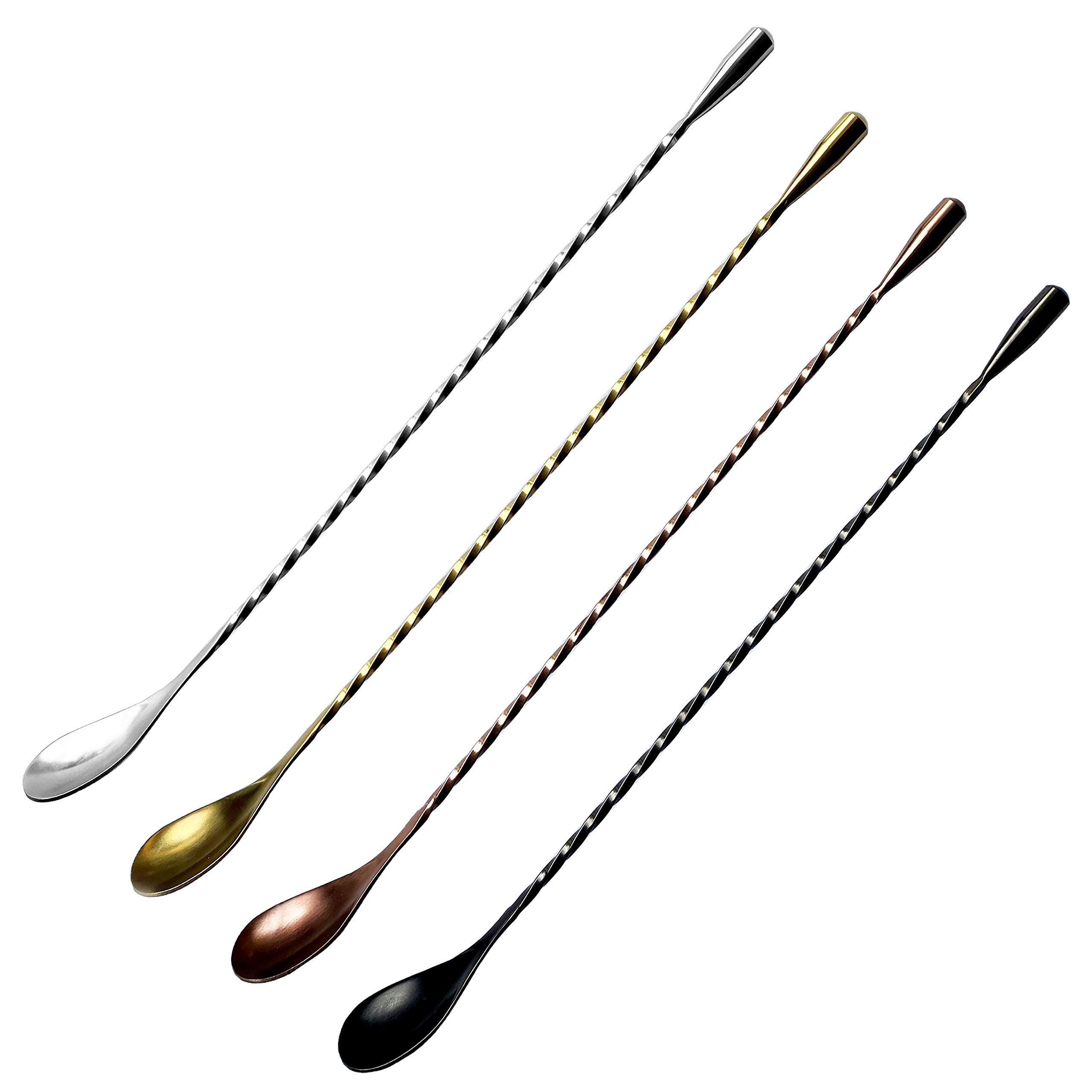 Rippl Cocktail Mixing Spoons - Bar Spoons for Stirring Cocktail Drinks - Bartender Tools for your Home Bar Set - Set of 4 Long Spoons for Stirring in Silver, Black, Gold, Rose Gold