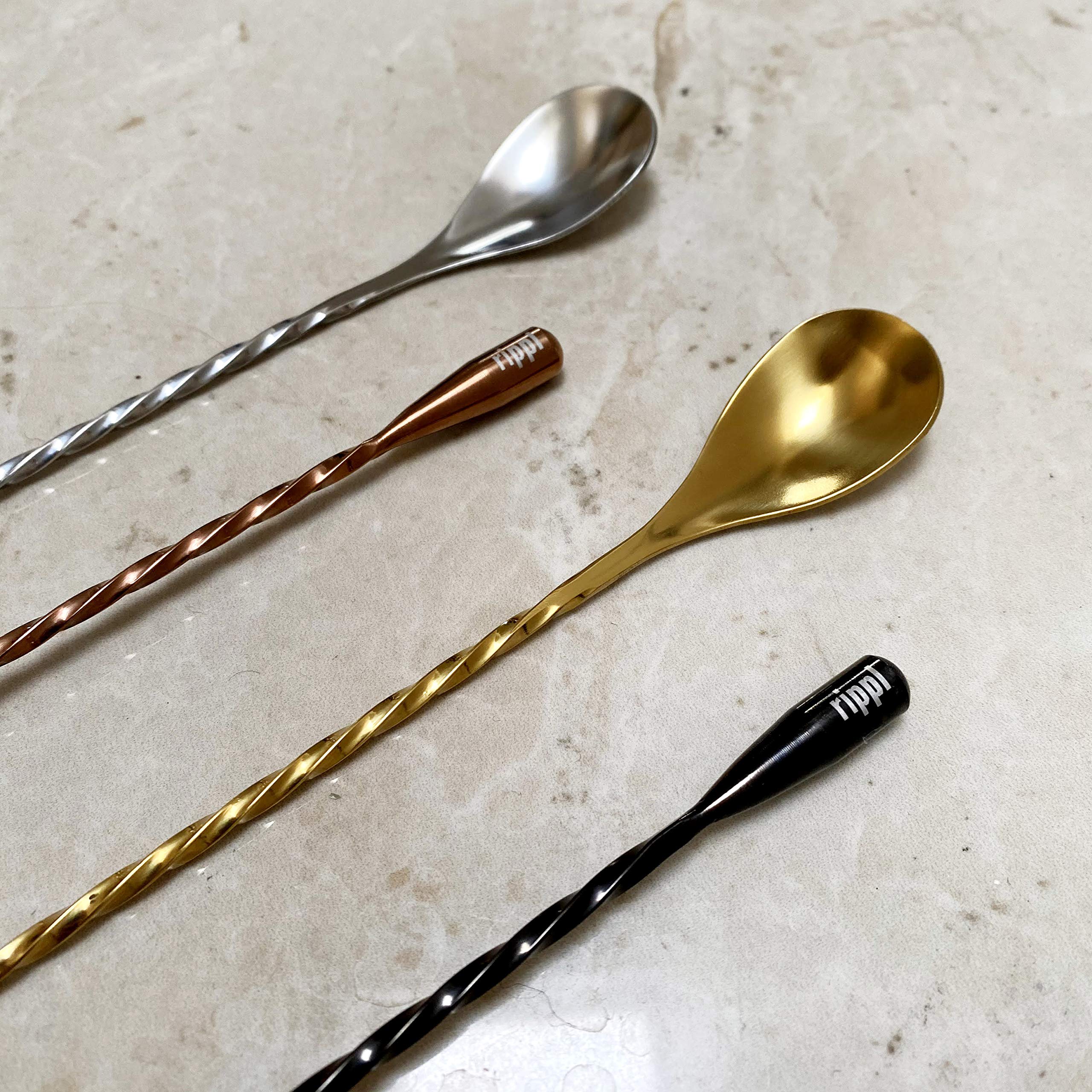 Rippl Cocktail Mixing Spoons - Bar Spoons for Stirring Cocktail Drinks - Bartender Tools for your Home Bar Set - Set of 4 Long Spoons for Stirring in Silver, Black, Gold, Rose Gold