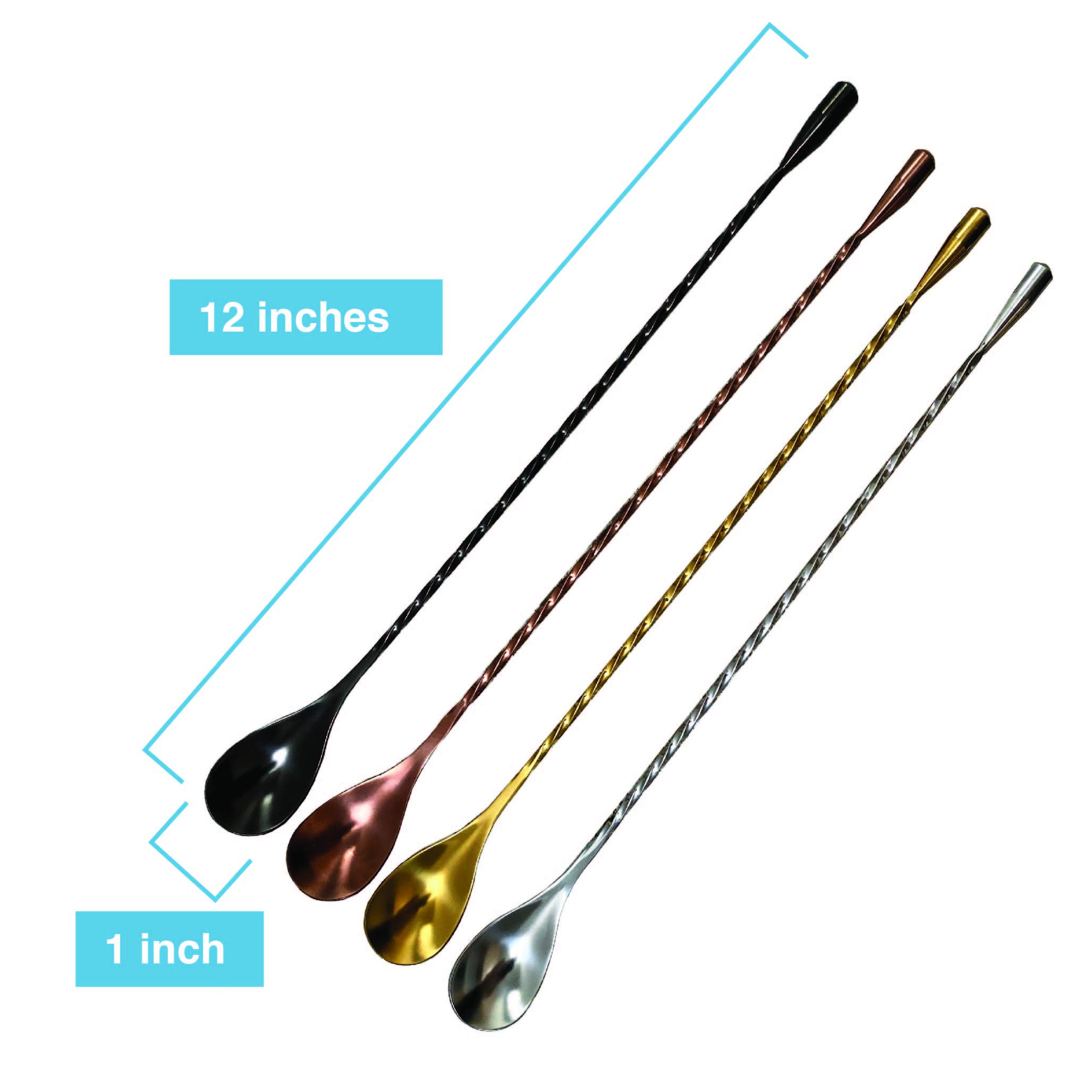 Rippl Cocktail Mixing Spoons - Bar Spoons for Stirring Cocktail Drinks - Bartender Tools for your Home Bar Set - Set of 4 Long Spoons for Stirring in Silver, Black, Gold, Rose Gold