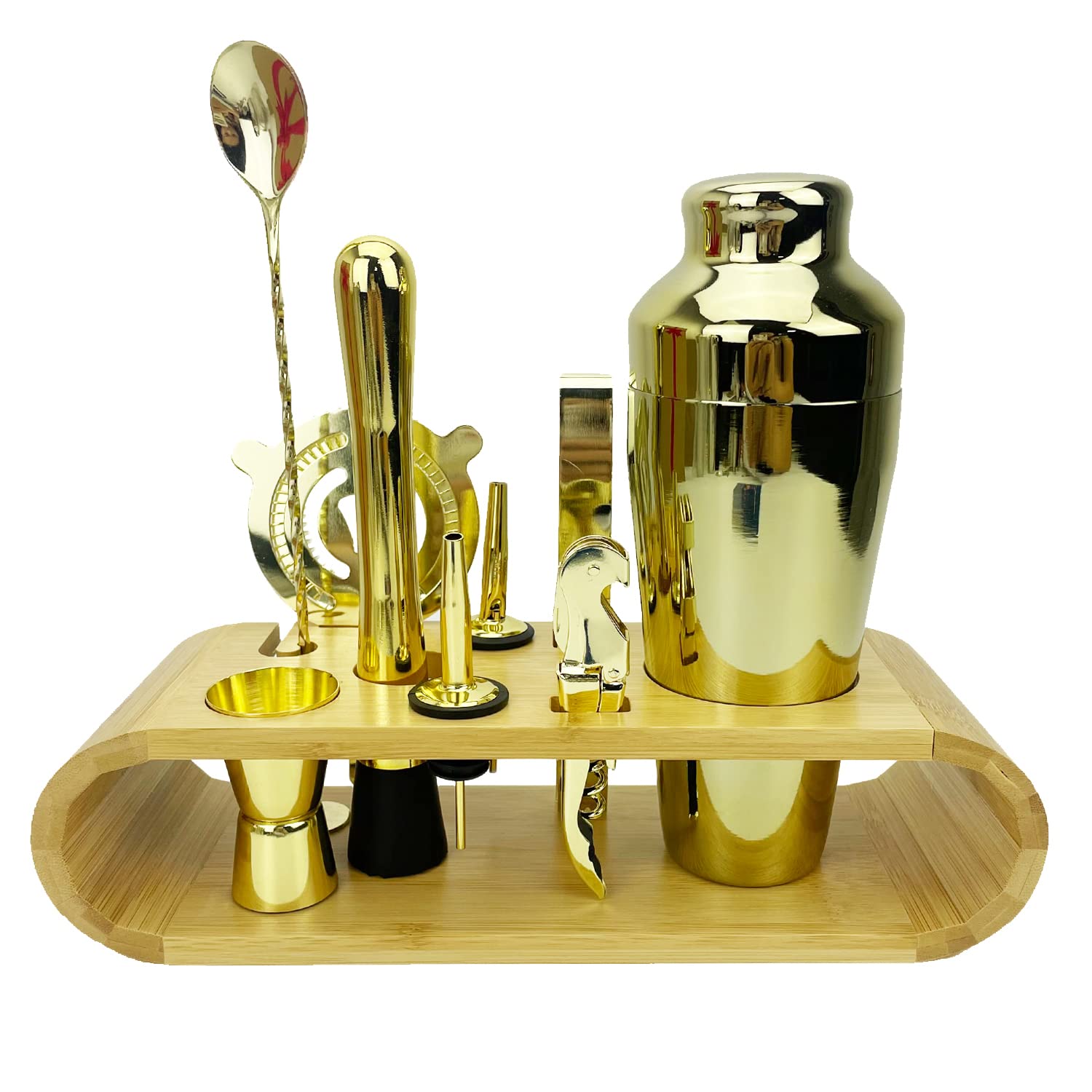 Mixology Cocktail Shaker Set Drink Mixer, 11Piece Bartender Kit Professional Stainless Steel Bar Tool Drink Shakers with Bamboo Stand Bar Accessories - Gold…