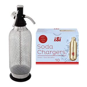 isi classic steel mesh sodamaker bottle (1 quart) with co2 soda siphon chargers (10-pack) bundle - for making sparkling water beverages