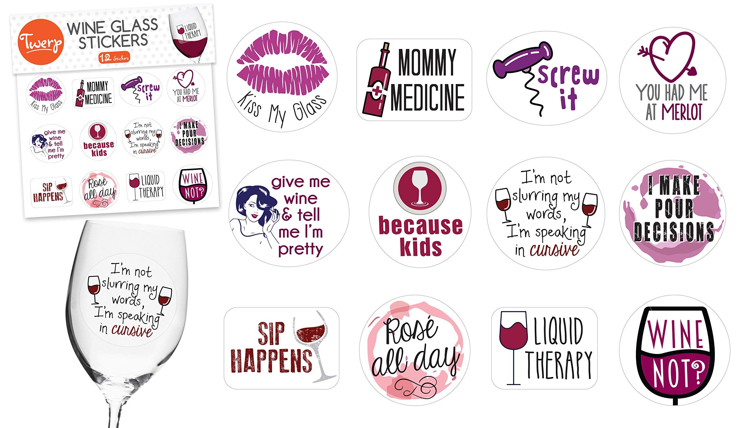 Twerp Funny Wine Glass Markers | Stickers for Stemless Wine Glasses | Set of 12 Static Cling, REUSABLE Stickers | Funny Wine Party Supplies | Great Alternative to Wine Charms