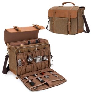 lodrid portable bartender bag for bar kits, vintage genuine leather waxed canvas travel bar case with thick inner dividers and adjustable shoulder strap for cocktail making, bag only,(patent design)