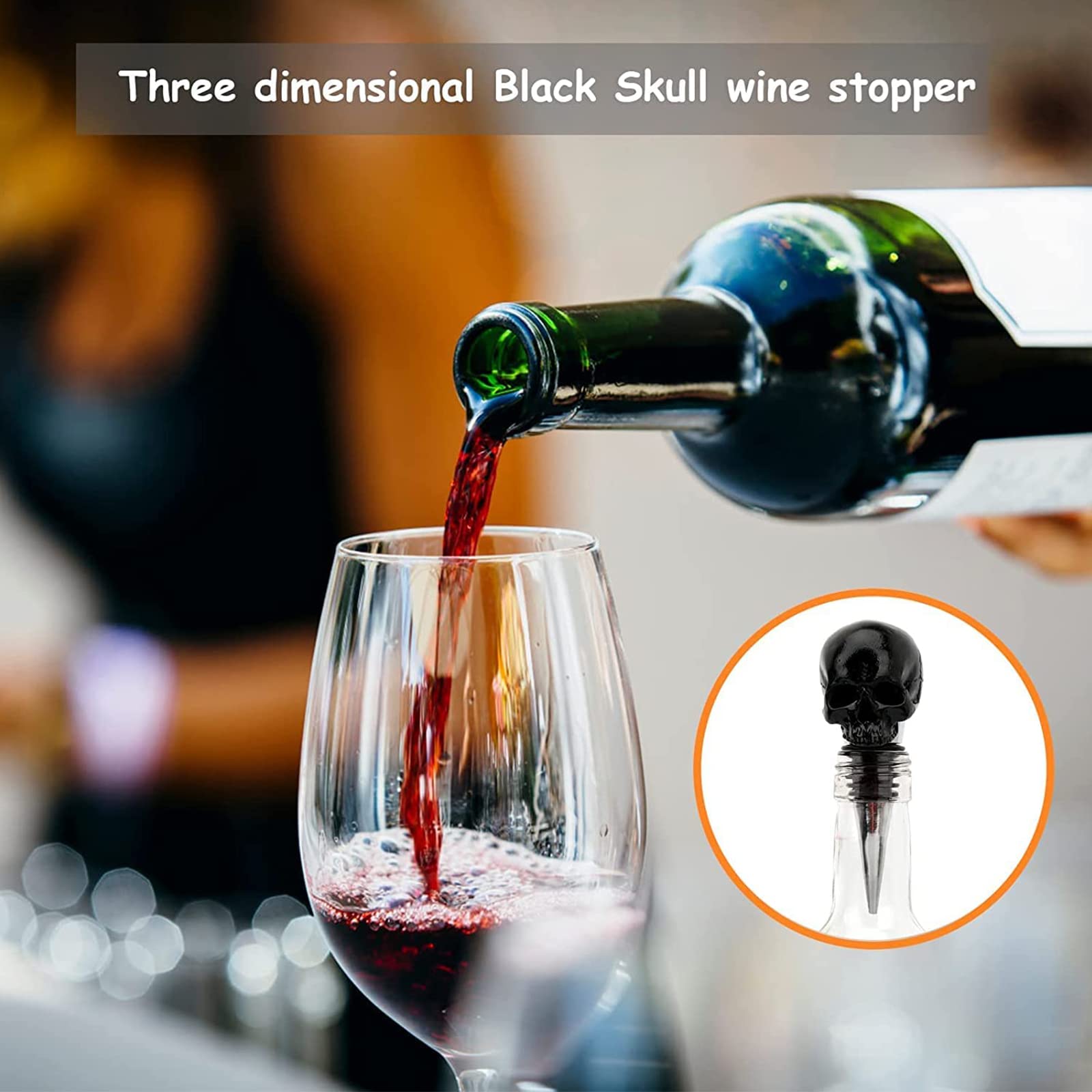 Black Skull Wine Bottle Stopper - Stainless Steel Resin Silicone Cool Stopper Wine Champagne Lovers for Gifts, Bar, Holiday Party, Wedding, New Housewarming, Halloween, Christmas