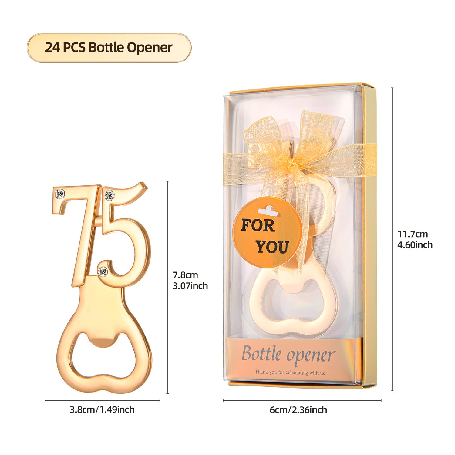 Winocbxt 24 Pieces/Packs 75 Bottle Openers for 75th Birthday Party Favors Wedding Anniversary Gidts Decorations or Souvenirs for Guests with Gift Boxes Party Giveaways for Adults (75)