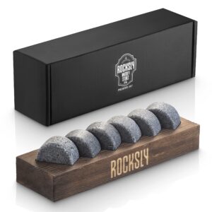 rocksly whiskey stones gift set for men | whiskey rocks chilling stones set of 6 | reusable ice cubes chilling rocks in a wood tray for whiskey lovers,christmas, men, dad, boyfriend