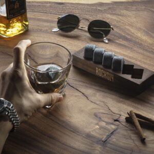 ROCKSLY Whiskey Stones Gift Set for Men | Whiskey Rocks Chilling Stones Set of 6 | Reusable Ice Cubes Chilling Rocks in a Wood Tray for Whiskey Lovers,Christmas, Men, Dad, Boyfriend