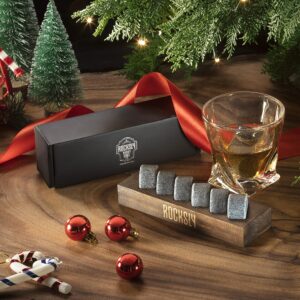 ROCKSLY Whiskey Stones Gift Set for Men | Whiskey Rocks Chilling Stones Set of 6 | Reusable Ice Cubes Chilling Rocks in a Wood Tray for Whiskey Lovers,Christmas, Men, Dad, Boyfriend