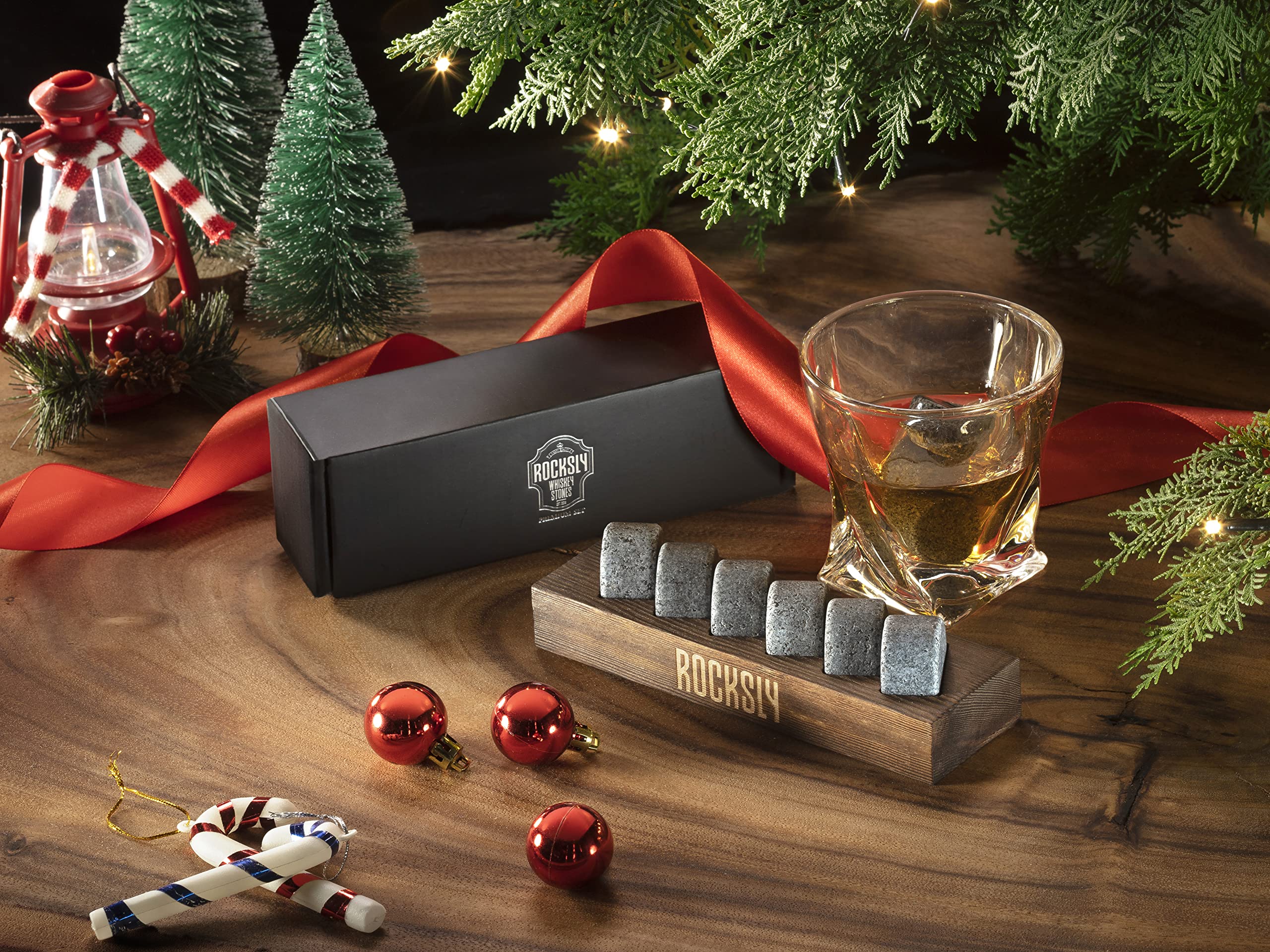 ROCKSLY Whiskey Stones Gift Set for Men | Whiskey Rocks Chilling Stones Set of 6 | Reusable Ice Cubes Chilling Rocks in a Wood Tray for Whiskey Lovers,Christmas, Men, Dad, Boyfriend