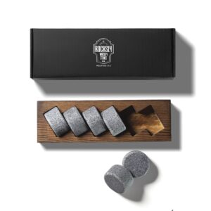 ROCKSLY Whiskey Stones Gift Set for Men | Whiskey Rocks Chilling Stones Set of 6 | Reusable Ice Cubes Chilling Rocks in a Wood Tray for Whiskey Lovers,Christmas, Men, Dad, Boyfriend