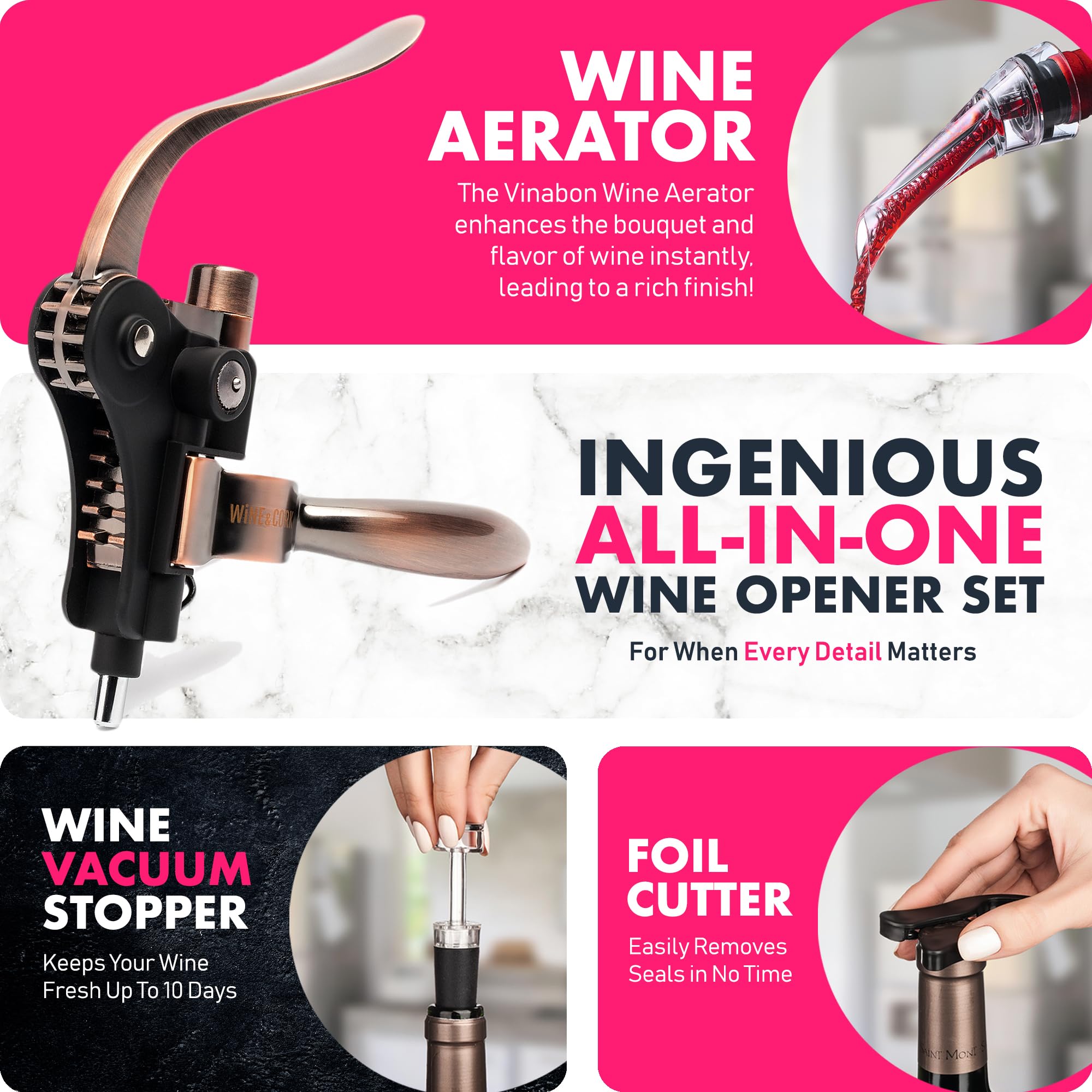 VINABON Wine Opener Set - Premium All-in-One 6pcs Wine Bottle Opener Set with Wine Aerator, Foil Cutter, Stopper, Stand - Manual Lever Corkscrews Wine Opener for Wine Bottles with WineGuide eBook