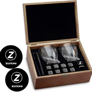 Whiskey Stones and Whiskey Glass Gift Boxed Set - 8 Granite Chilling Whisky Rocks + 2 Large 11 oz Crystal Glasses in Wooden Box - Great Gift for Dad's Birthday or Anytime For Dad/Father/husband bro